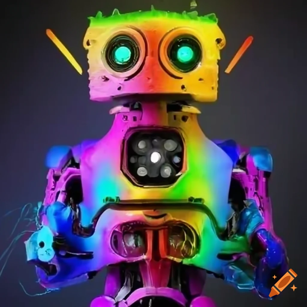 A rainbow colored monster robot with hands that shoot laser beams
