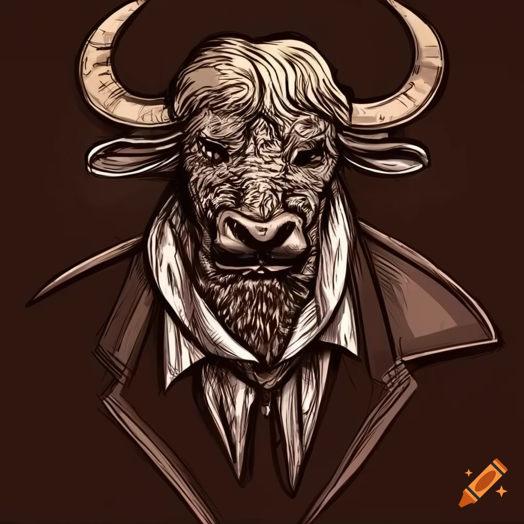 Illustration of a buffalo animal gangster with italian style sketch