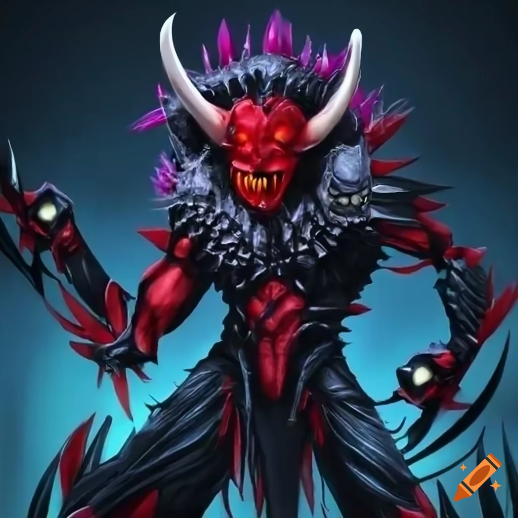 Intimidating horned black red humanoid with claws long tail spikes tall ...