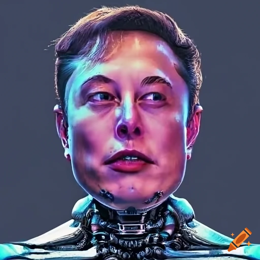 An image of elon musk with a half-robot face and laser eyes, with ...