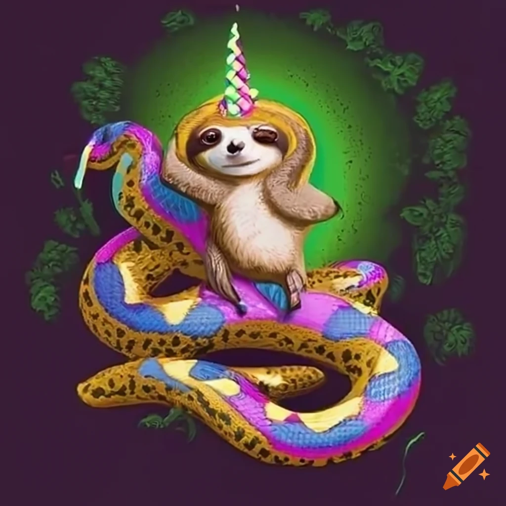 A unicorn sloth riding an anaconda