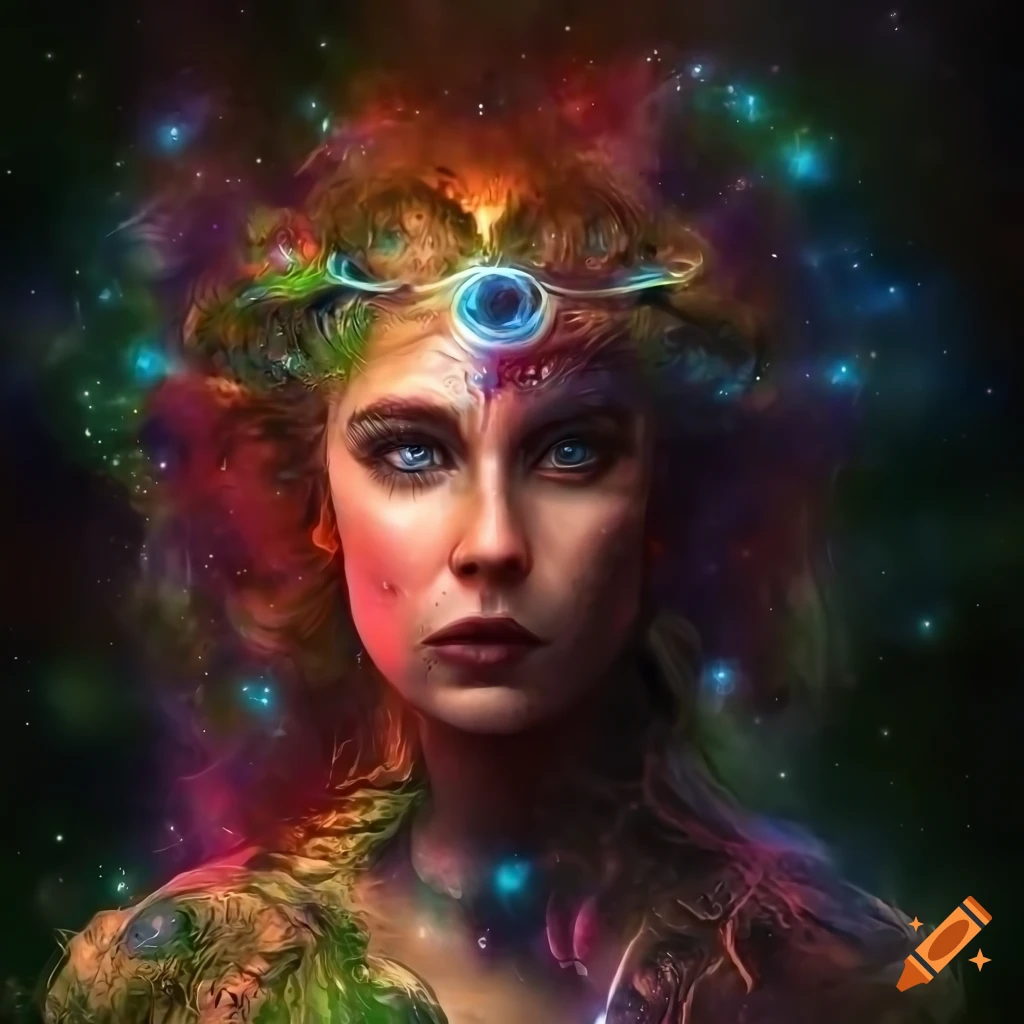 Mother earth in armor, a beautiful women face in nature surrounded ...