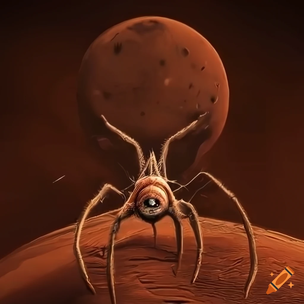 A sci-fi illustration of a spider-like creature on Mars on Craiyon