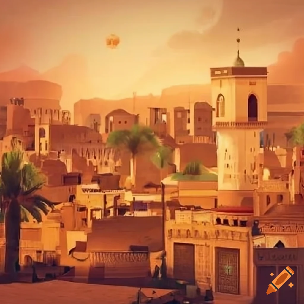Large arabic city with palm trees and a bazaar from the golden age of ...