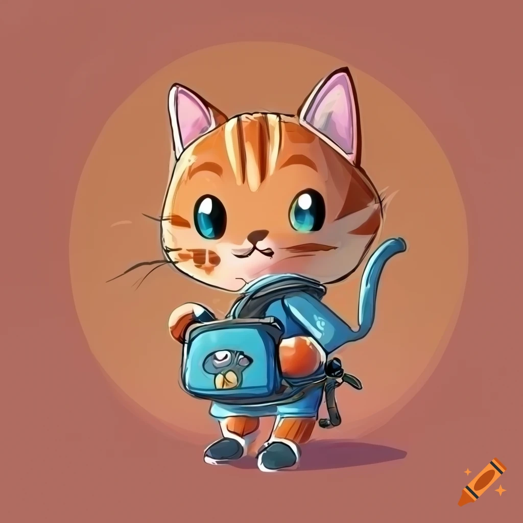 Orange cat, chibi, wearing a backpack, cartoon style on Craiyon