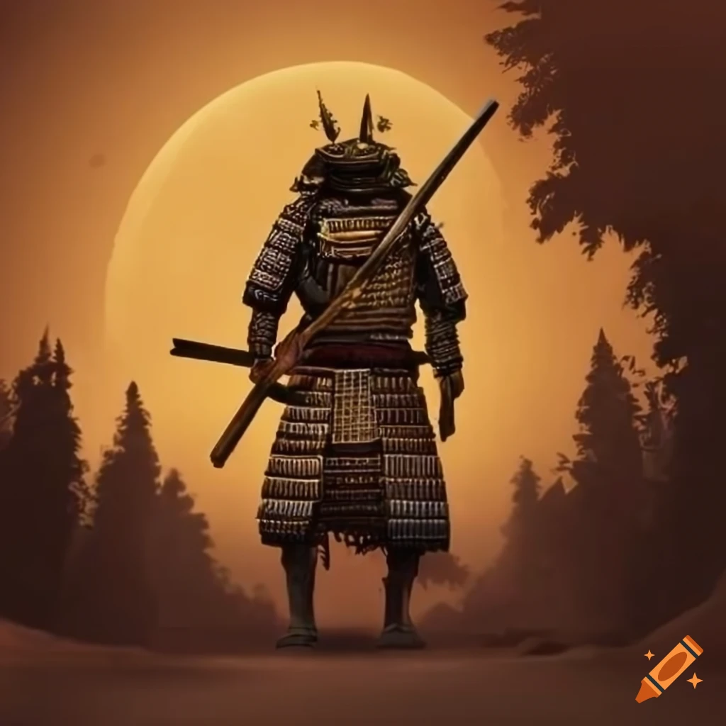 A giant samurai on a dusty road. holding a big zampakuto. lightly ...