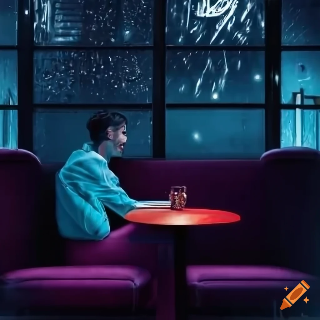 Man sitting alone in a diner booth in the midnight rain with a neon ...