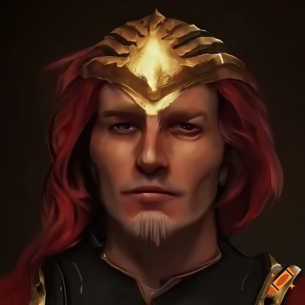 Aged male human clad in high fantasy brilliant gold and red armor, open ...