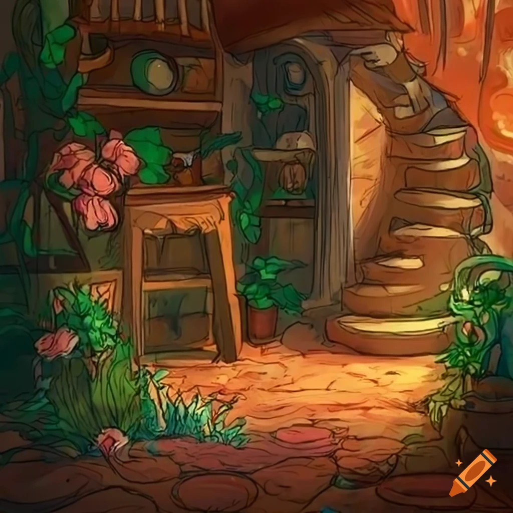 Fantasy and natural room with flowers sketch, concept art, ghibli style