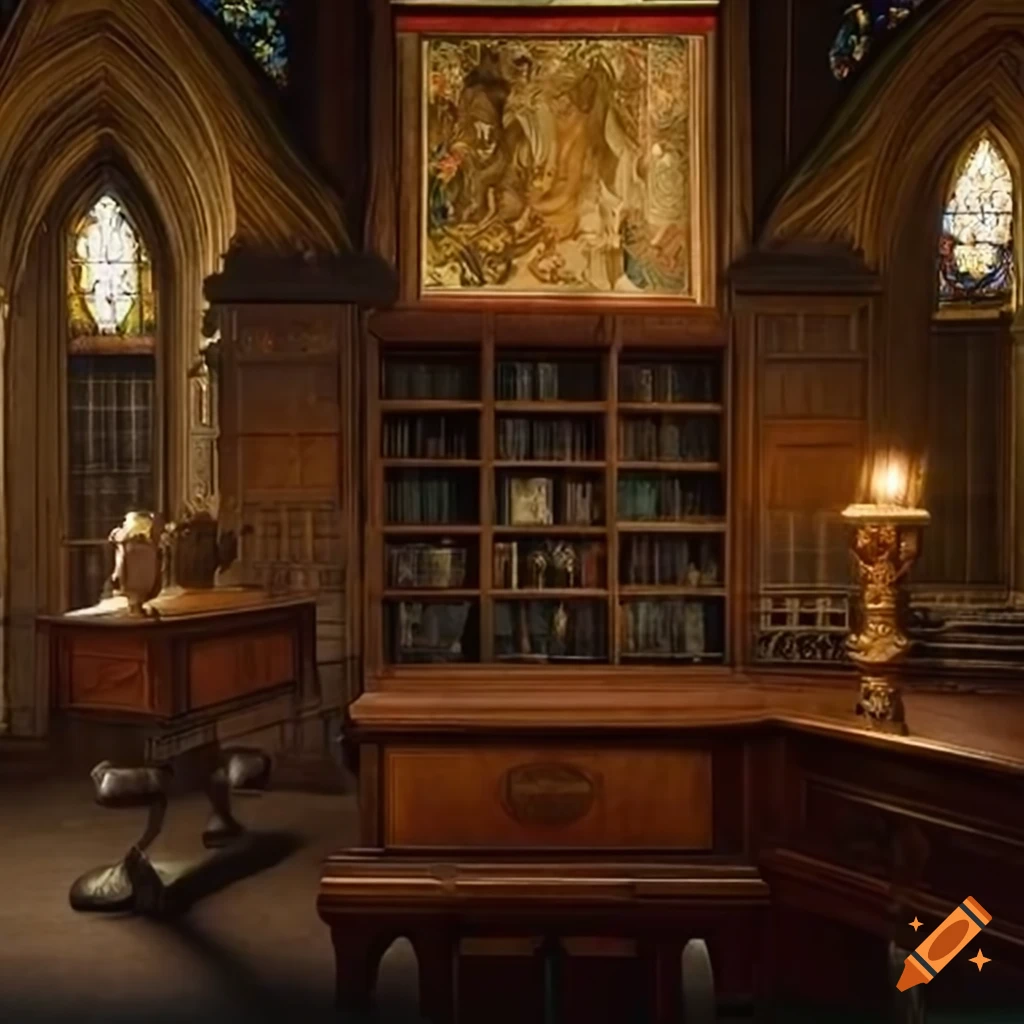 In the Headmaster's chamber of the Gothic castle school, the room ...