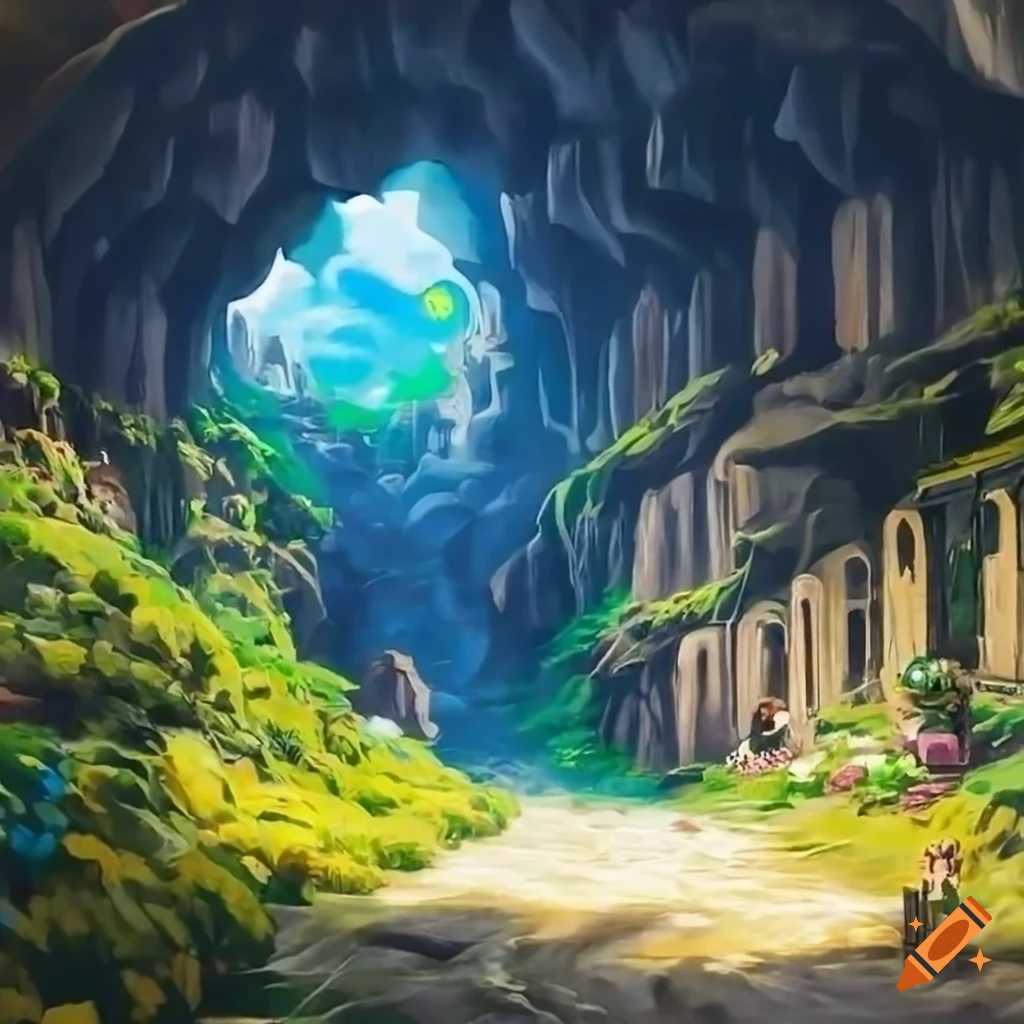 Magical cave inside ,anime background artwork in the style of studio ...