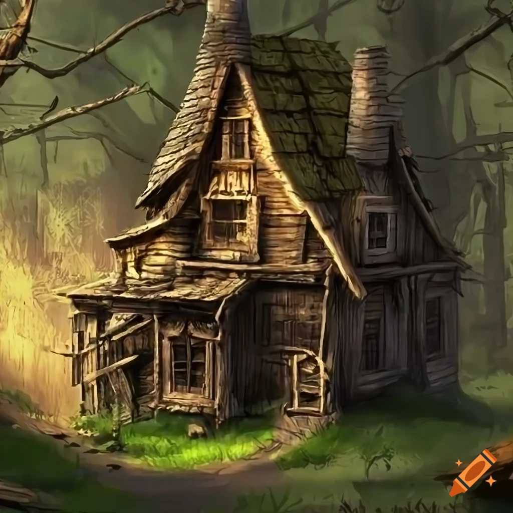 Fantasy house, clearing in forest,detailed,old lumber