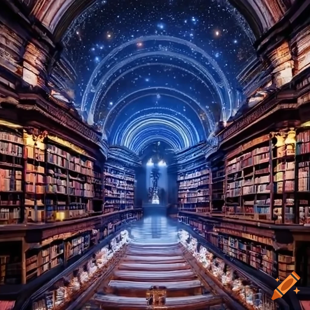 A mesmerizing library illuminated by a constellation of stars