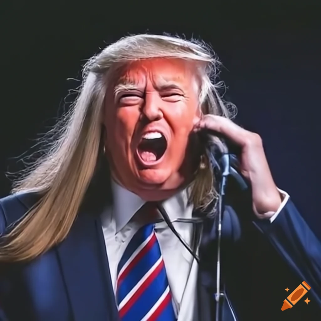 Donald trump with long hair screaming into a microphone on Craiyon