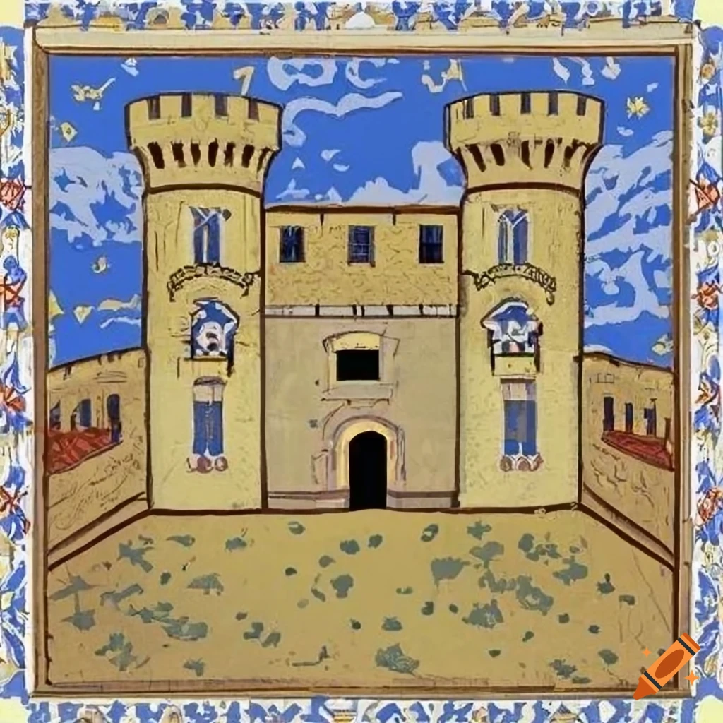 Castle courtyard, Medieval illustration style, like from an illuminated ...