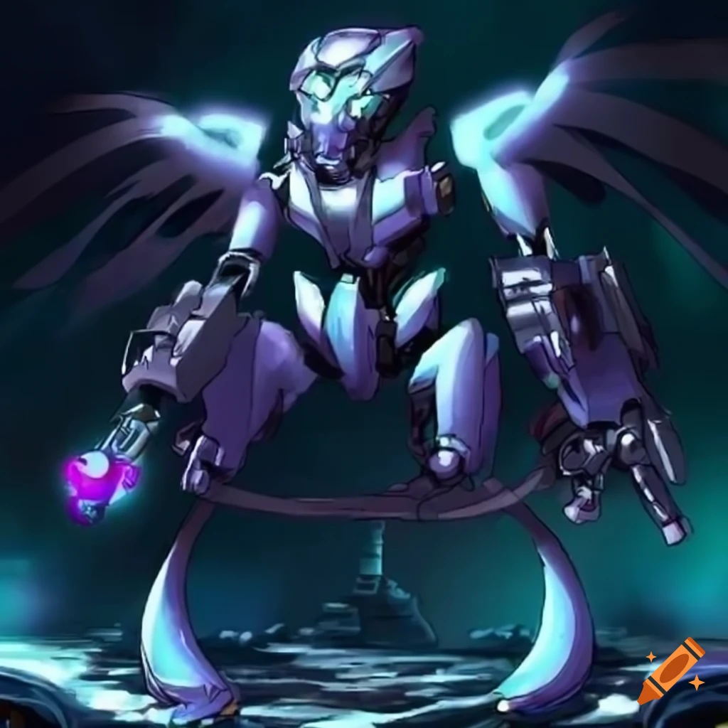 Mecha based on mew with powerful weapons on Craiyon