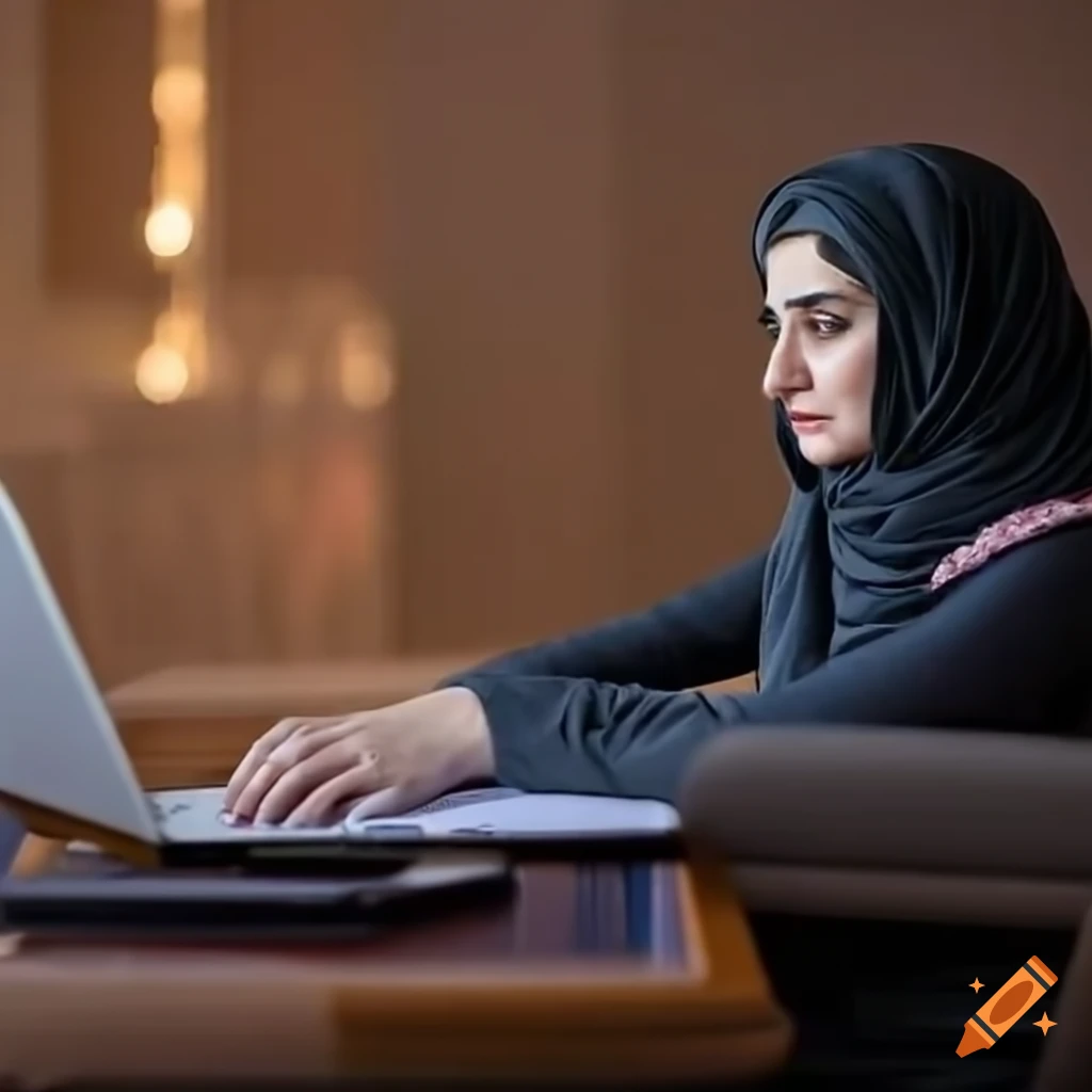 A focused iranian woman working on her laptop with determination on Craiyon