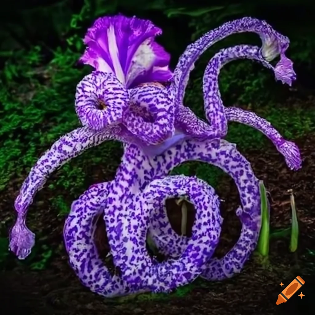 Hydra made of iris flowers coming out of the ground