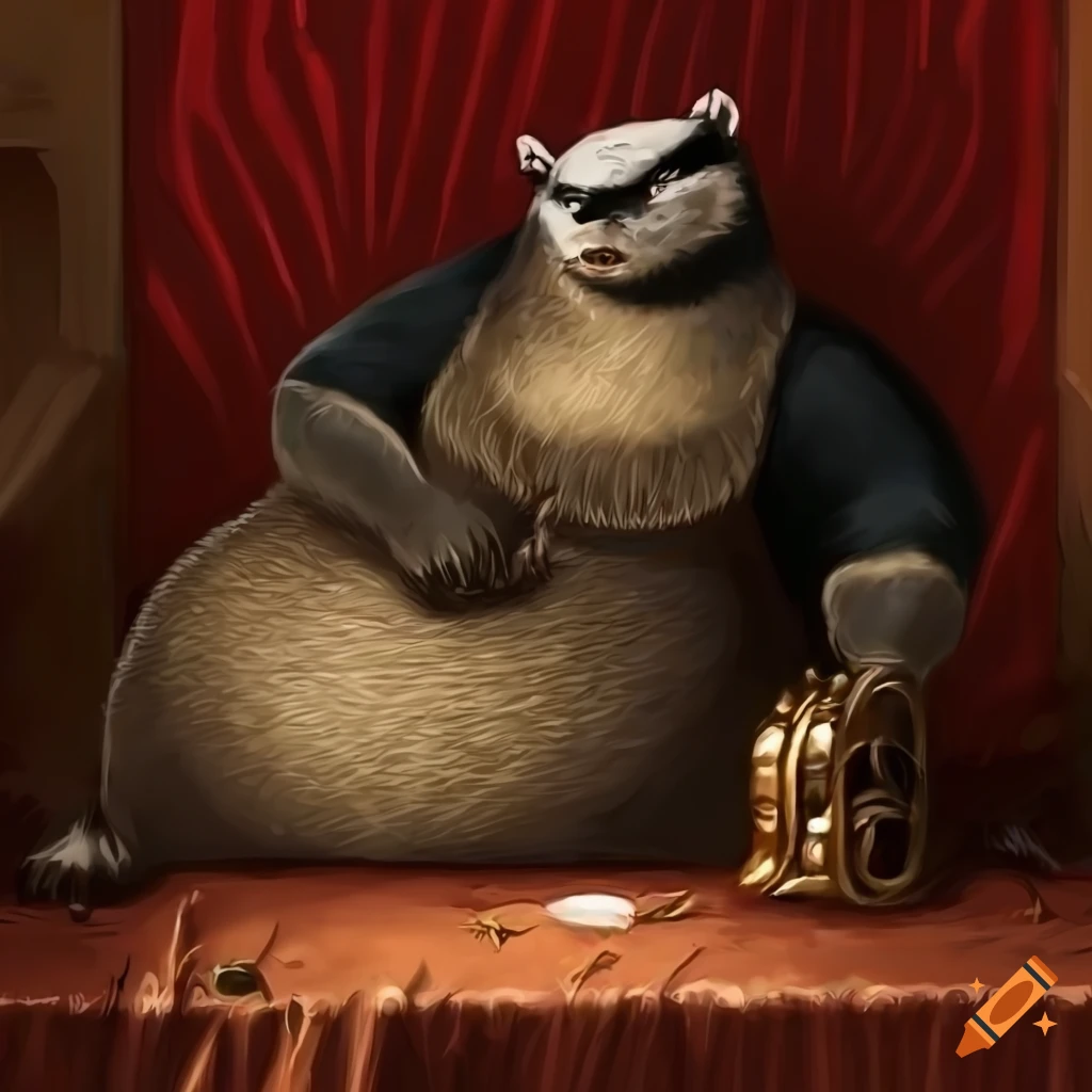 A fat gluttonous anthro badger wearing a royal robe with jewellery ...