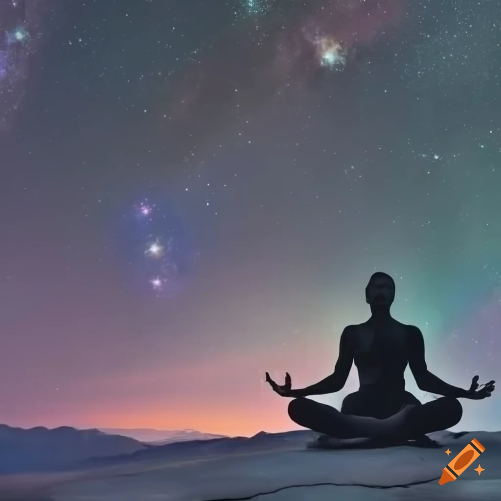 Silhouette of meditating yogi with galaxy within, surrounded by scenic ...
