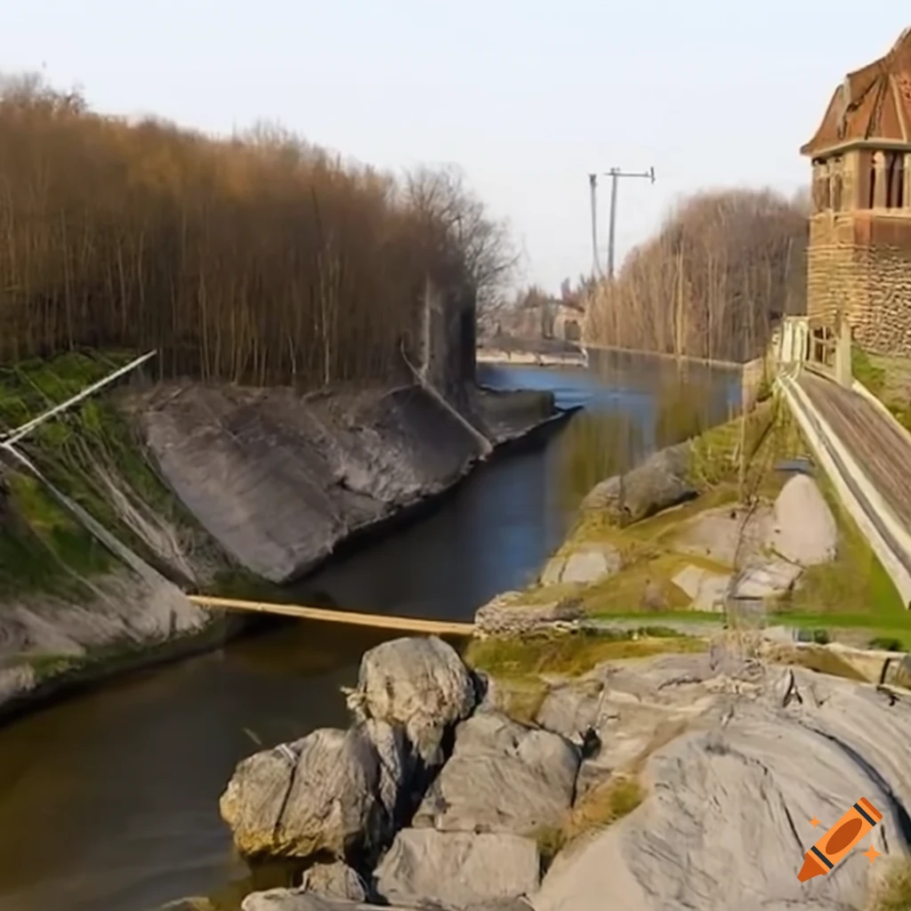 River flood defenses constructed with rockfill dikes and hydraulic design