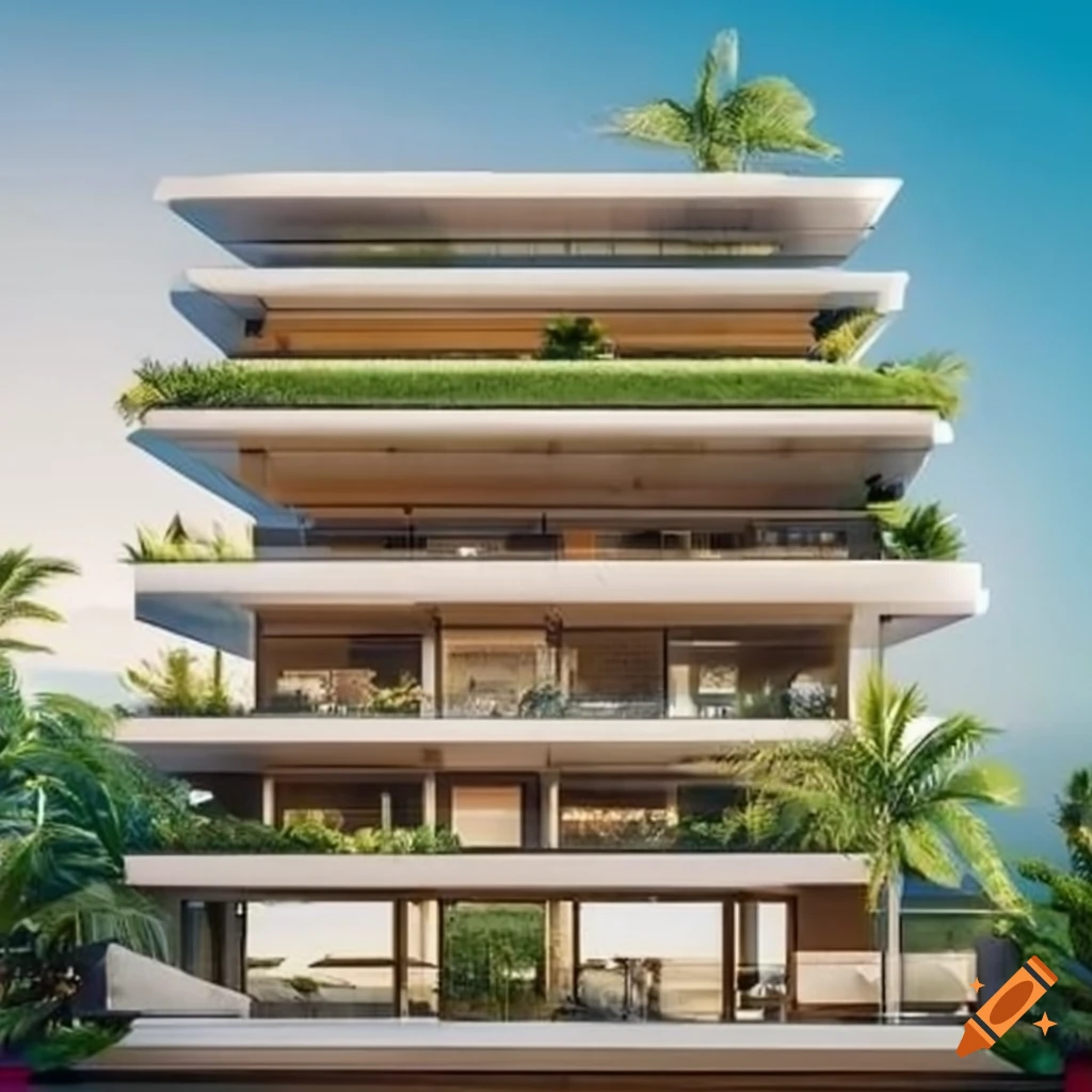 Un immeuble moderne avec 6 étages et rooftop, piscine, palmiers et ...
