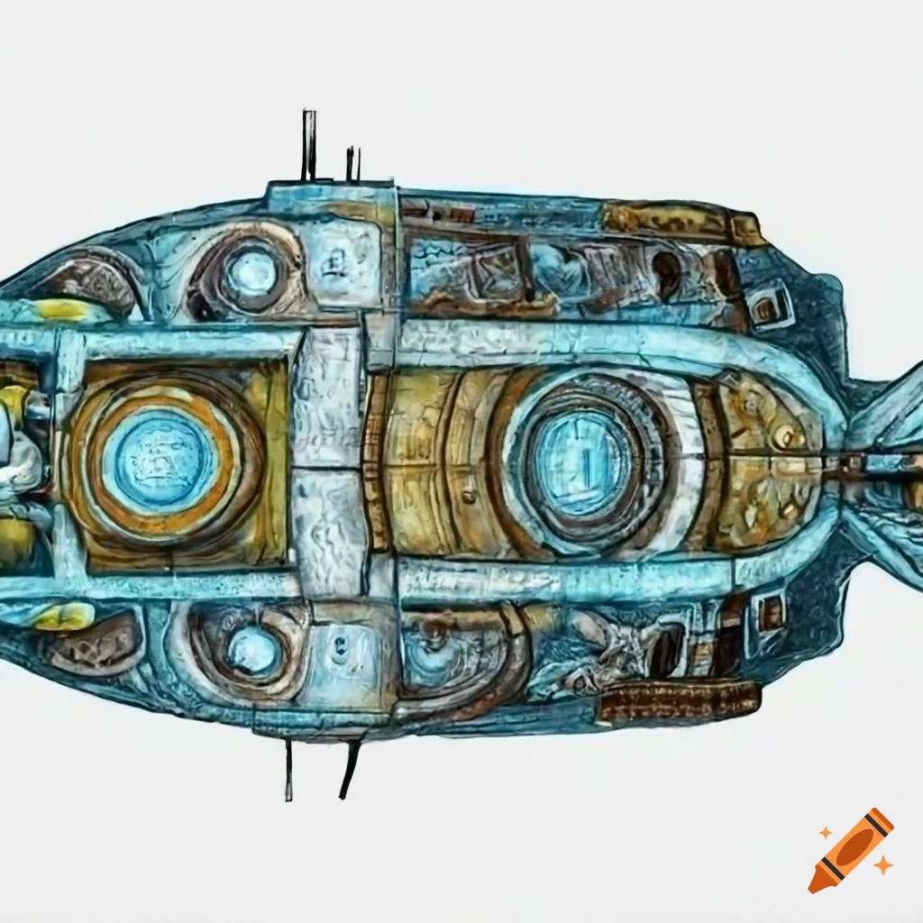 Aerial top view of a dwarven submarine with an all white background on ...