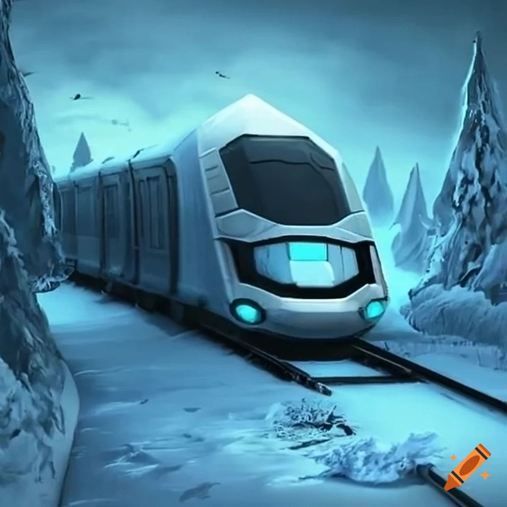 Futuristic train under blizzard on Craiyon