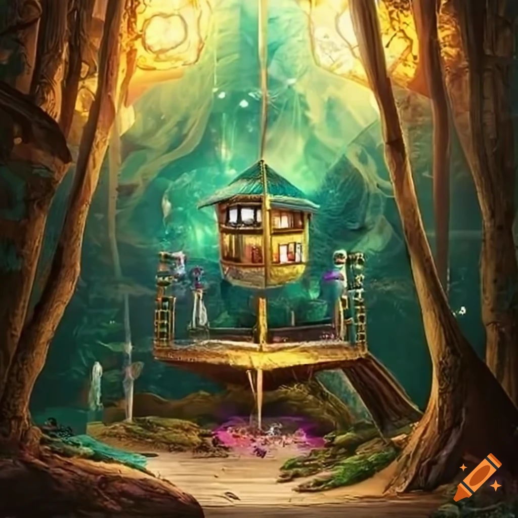 Book cover with an enchanting treehouse in a crystal kingdom on Craiyon