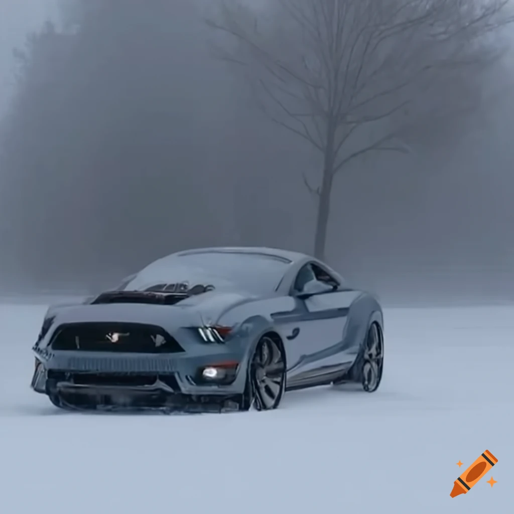 Mustang driving on a foggy winter day while itw snowing on Craiyon