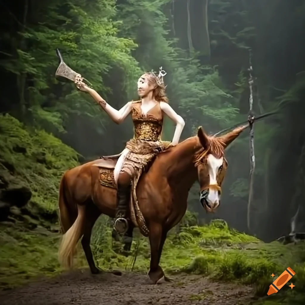 An elf woman with a golden axe riding a horse on Craiyon