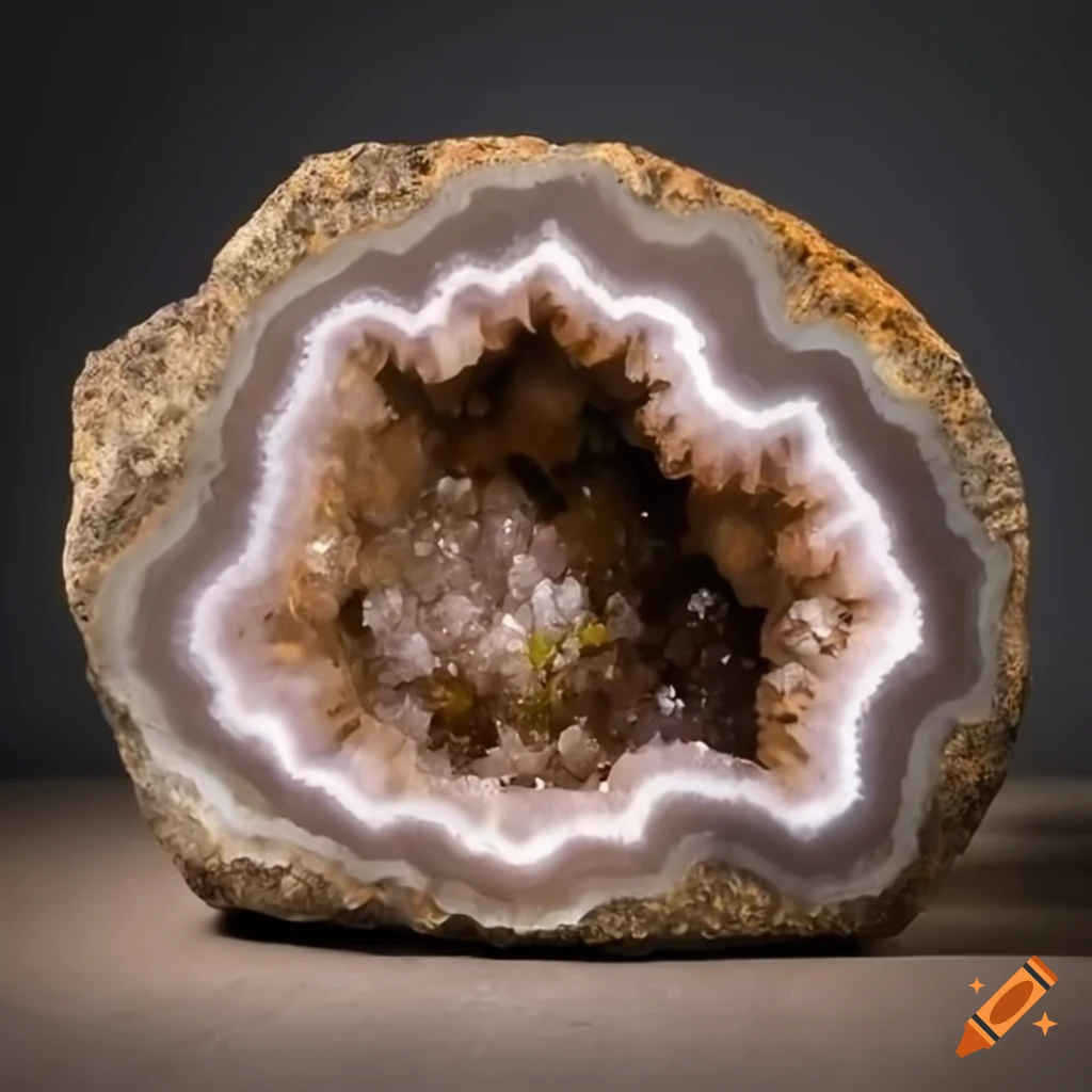 A perspective photo of a hollow geode rock with a flower sitting inside