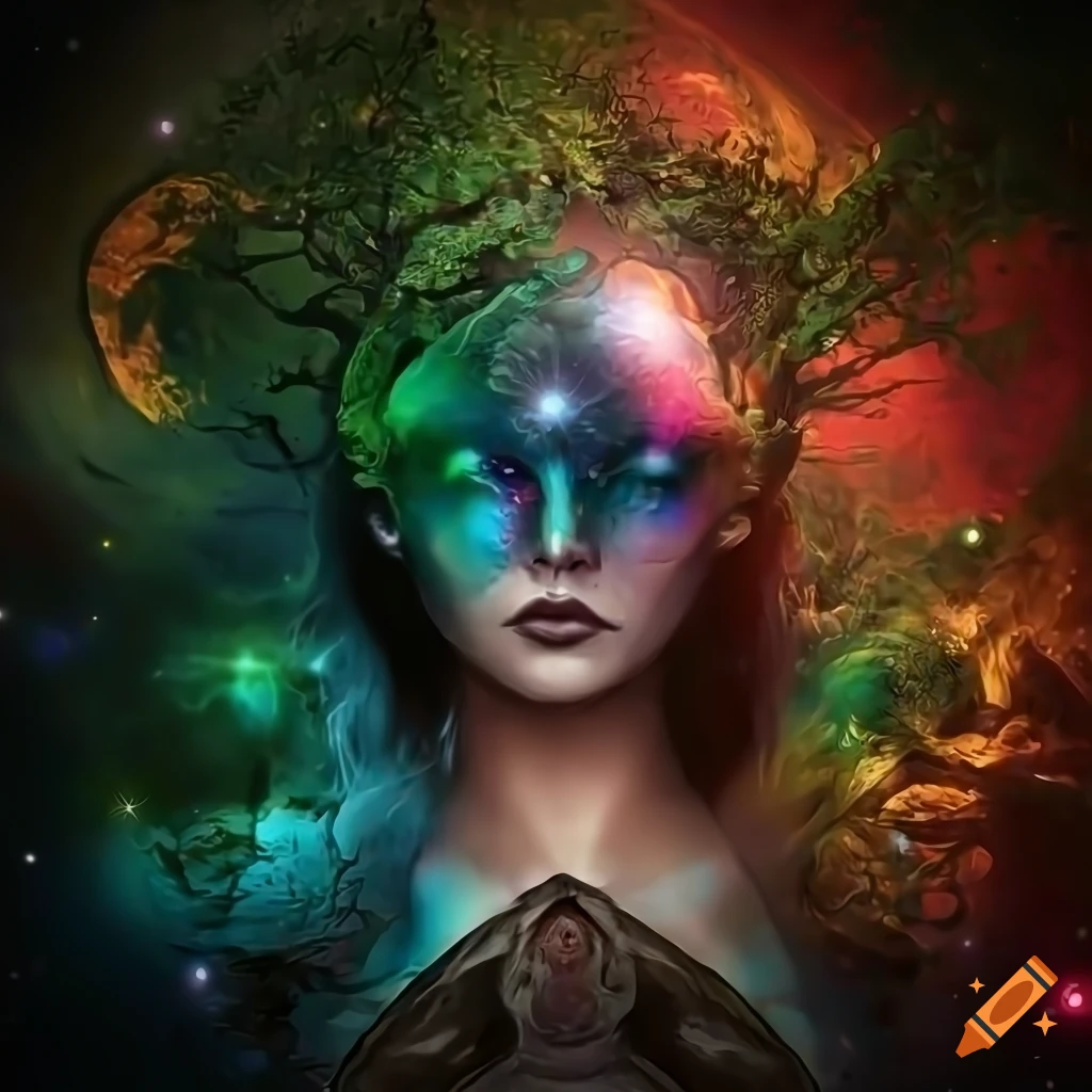 Mother earth in armor, a beautiful women face in nature surrounded trees, stars and nebula, dark ...