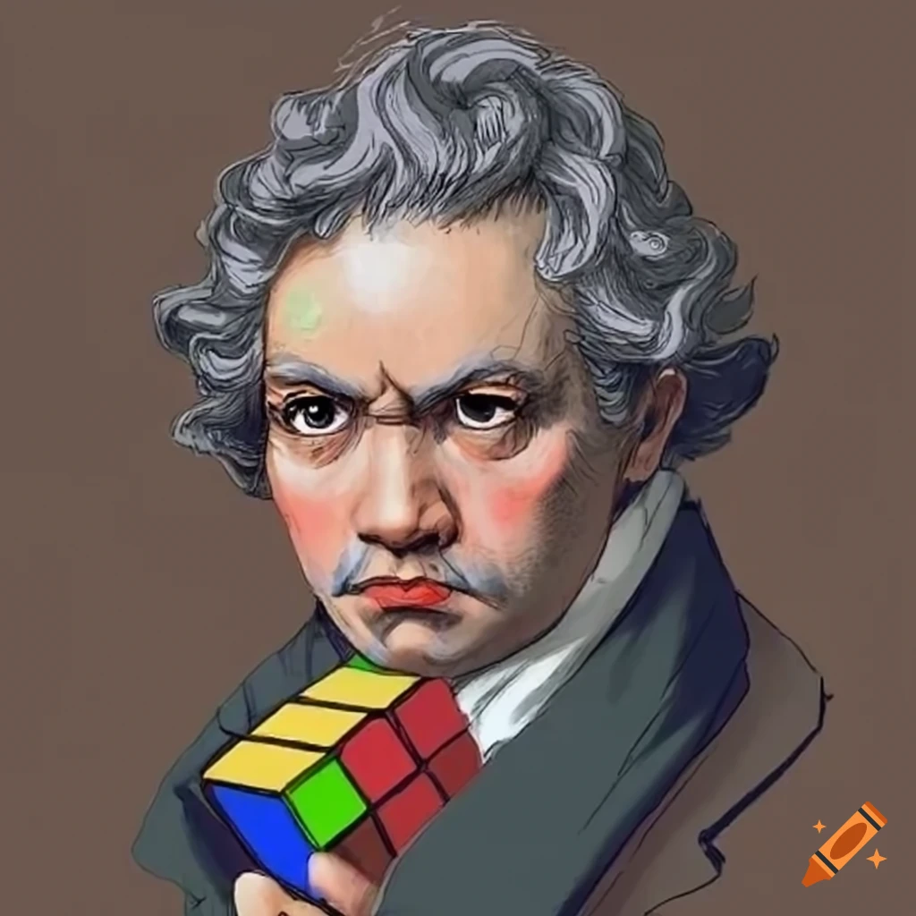 Draw ludwig van beethoven looking like a robot holding a rubik's cube ...