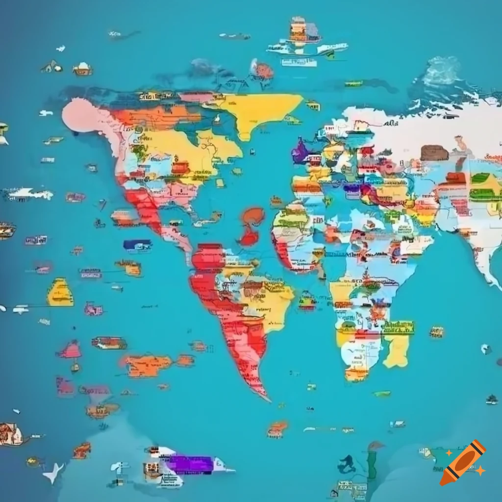 Colorful educational world map with popular tourist destinations and ...
