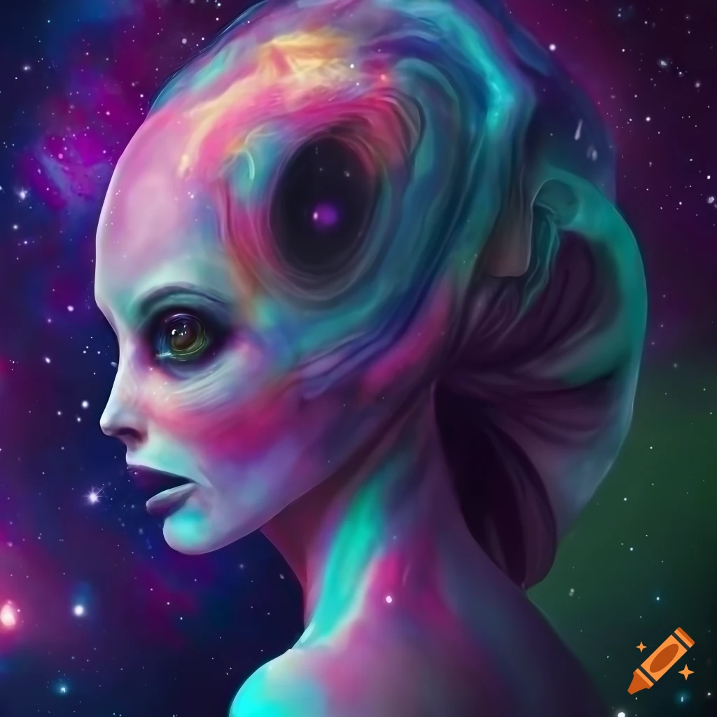 A beautiful alien women face in space surrounded by stars and nebula ...