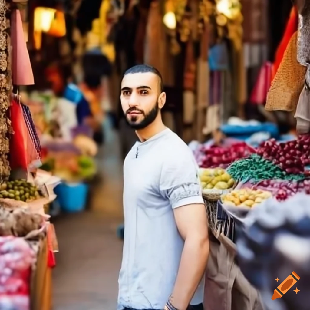 Photo of a bearded young syrian man shopping in market on Craiyon