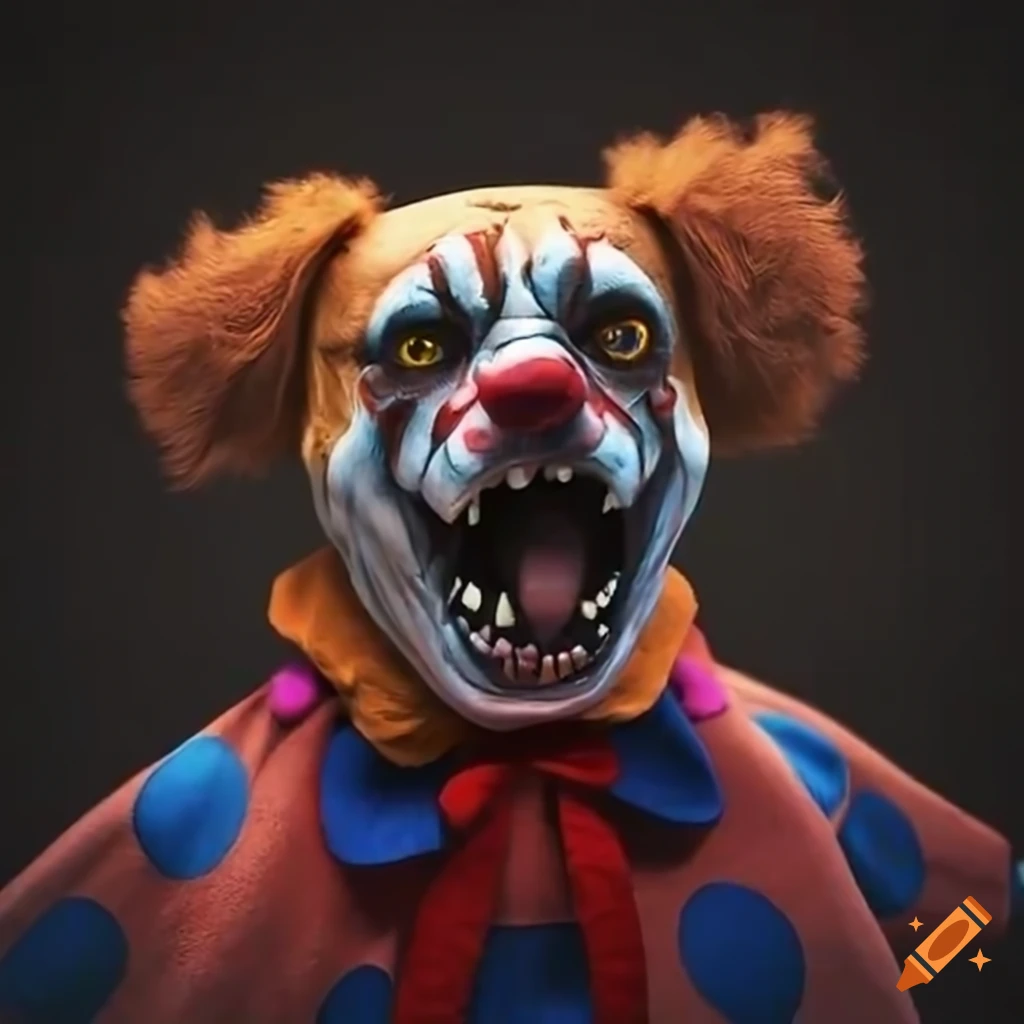 An angry dog dressed as a creepy clown o a street at night