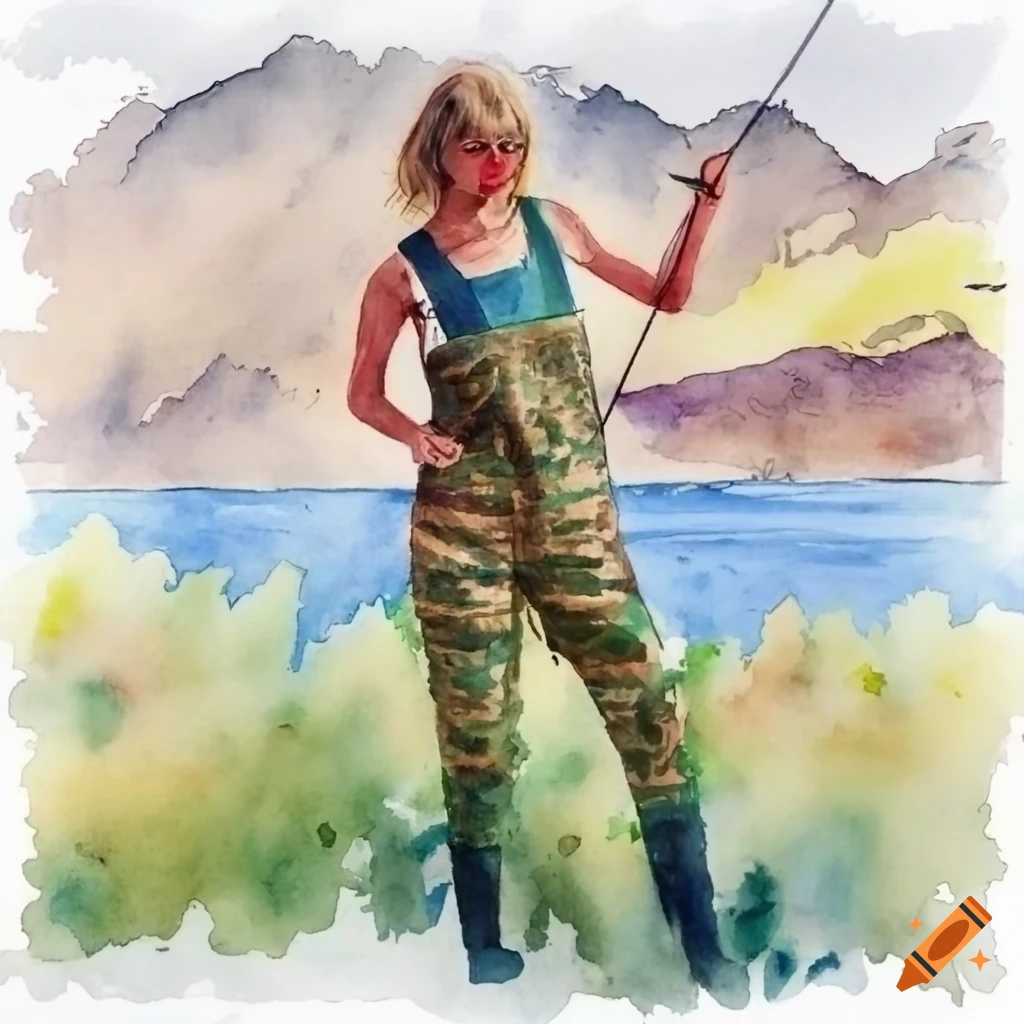 Taylor swift standing in a north american river, mountains in the ...