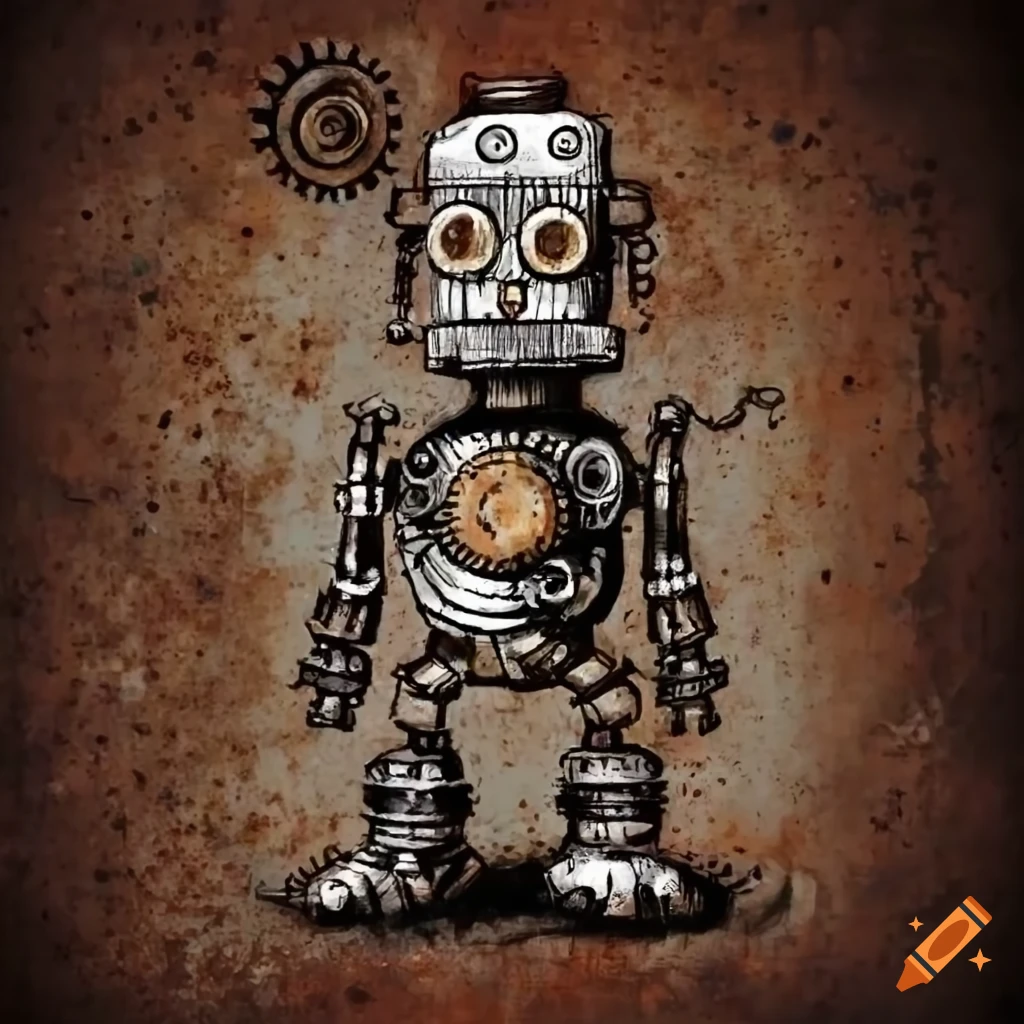 Steampunk robot on rusty background drawn in ink