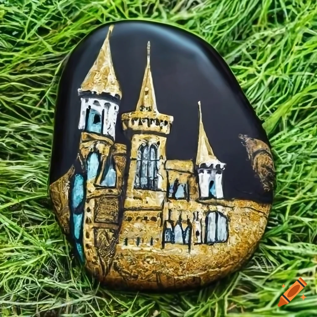 Glossy painted river stone of a painting of a gothic castle in gold ...