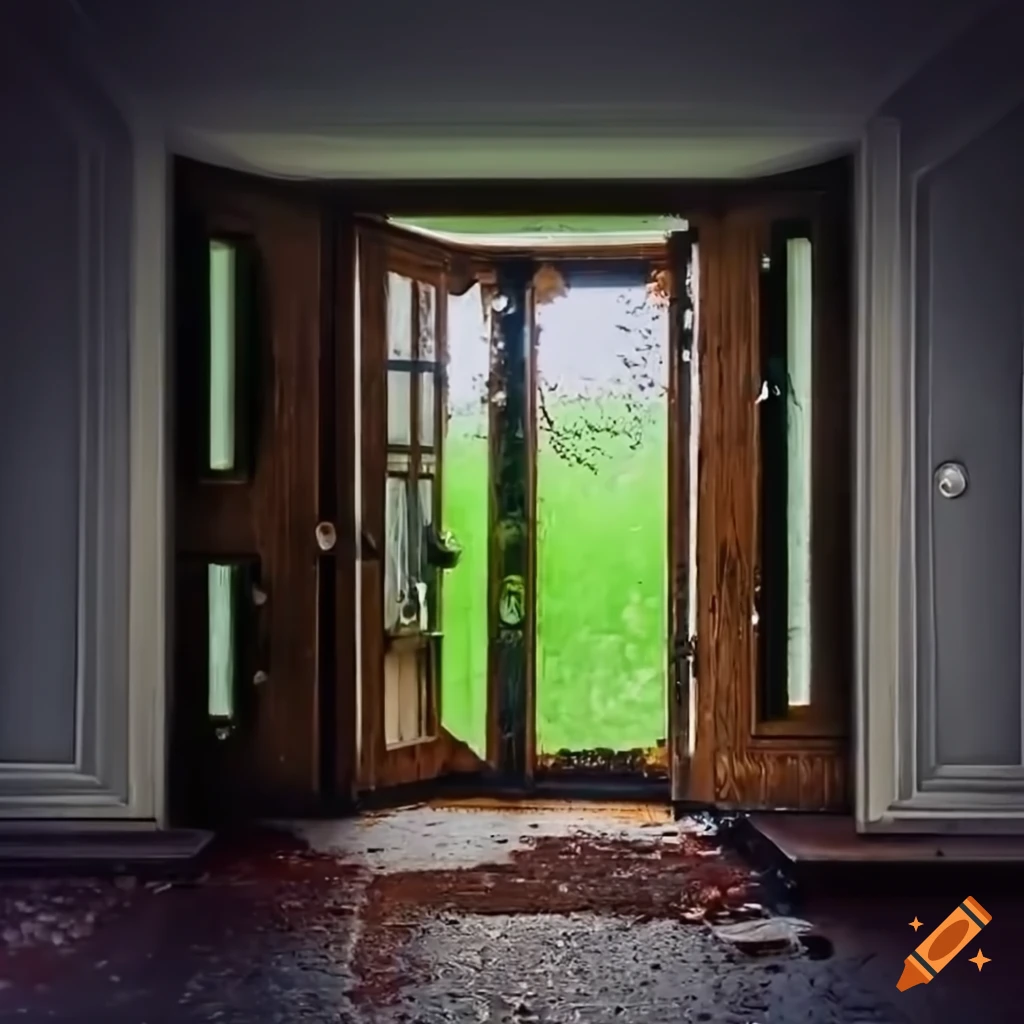 Inside house wide view of a door open raining outside on Craiyon