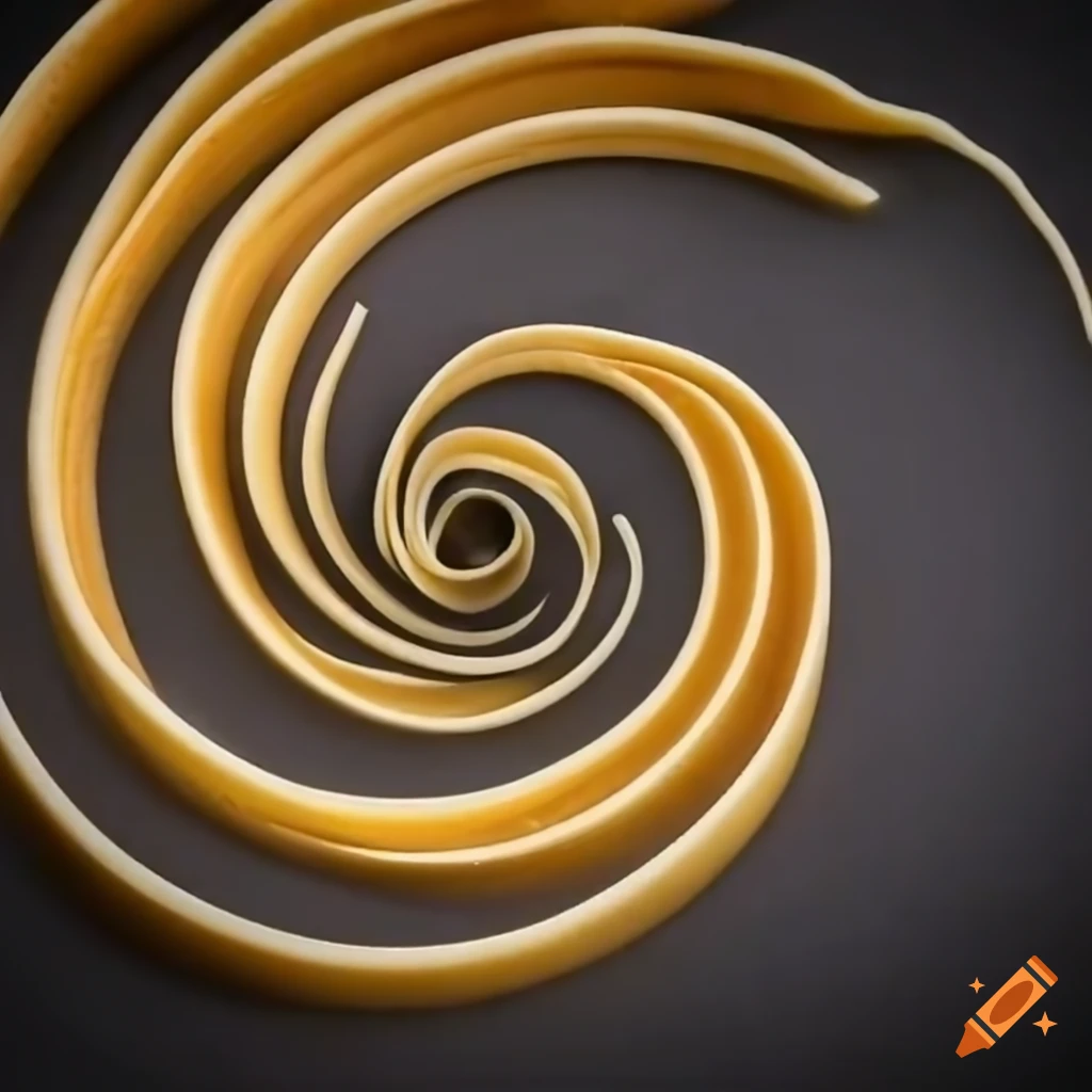 A fettuccine noodle spiraling out from the center, following the ...