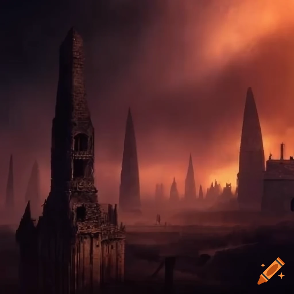 Ominous dense medieval city with ruins looming over a dead and desolate ...