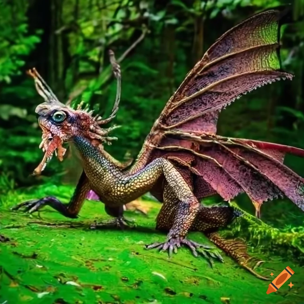 A whimsical forest insect-dragon hybrid creature with a mixture of features of both lizards and ...