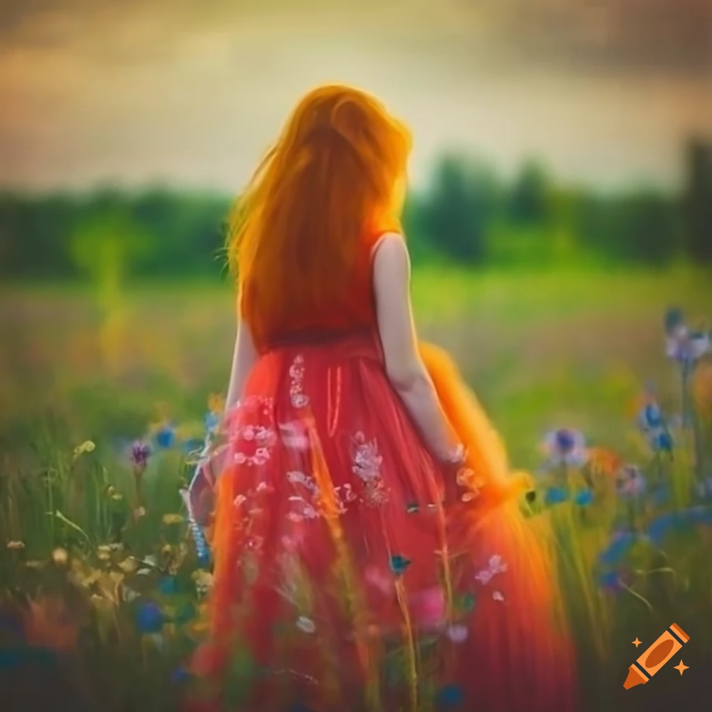 Red haired lady in a field with wildflowers in a style of monet
