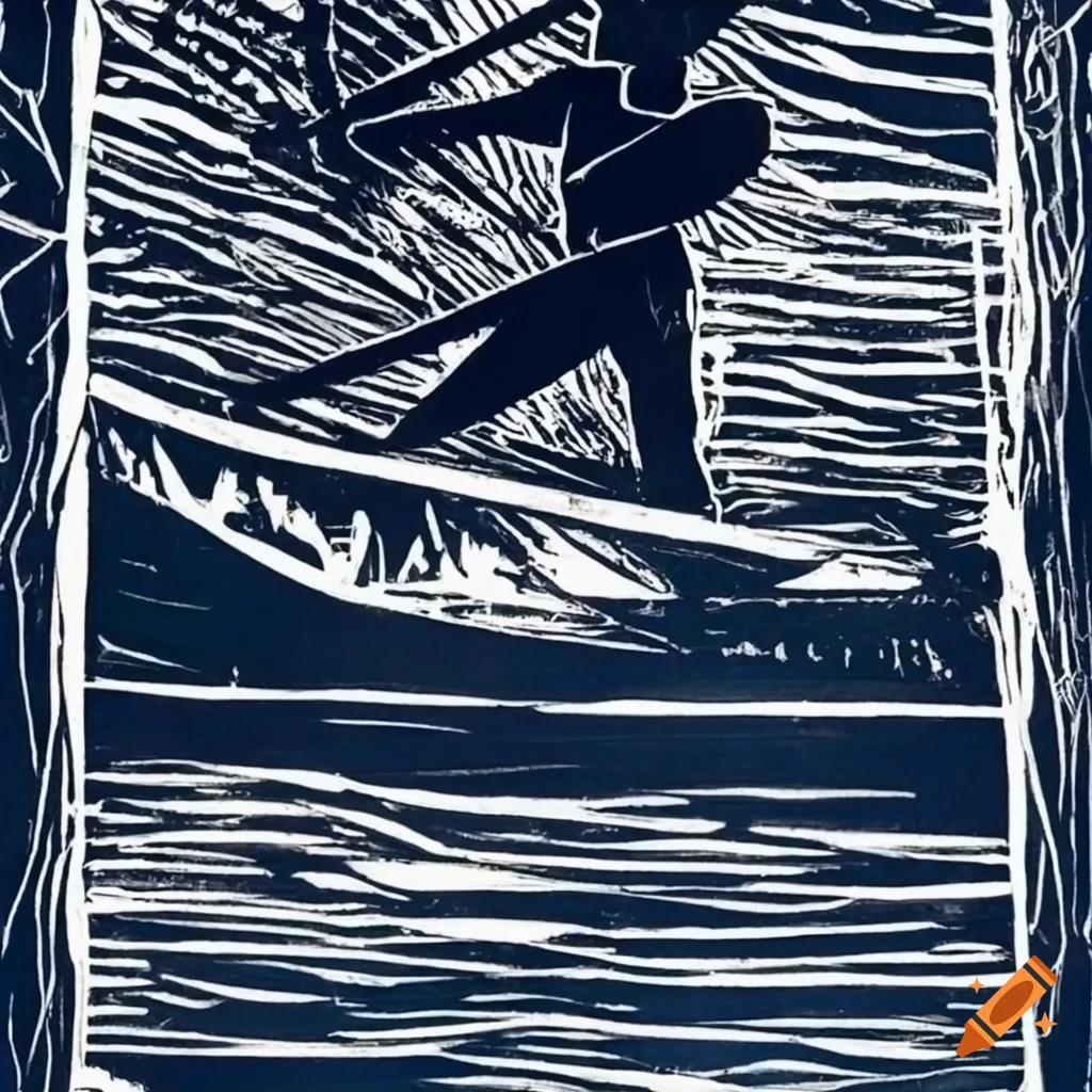 Linocut. black and white. girl doing kitesurf. expressionism style on ...