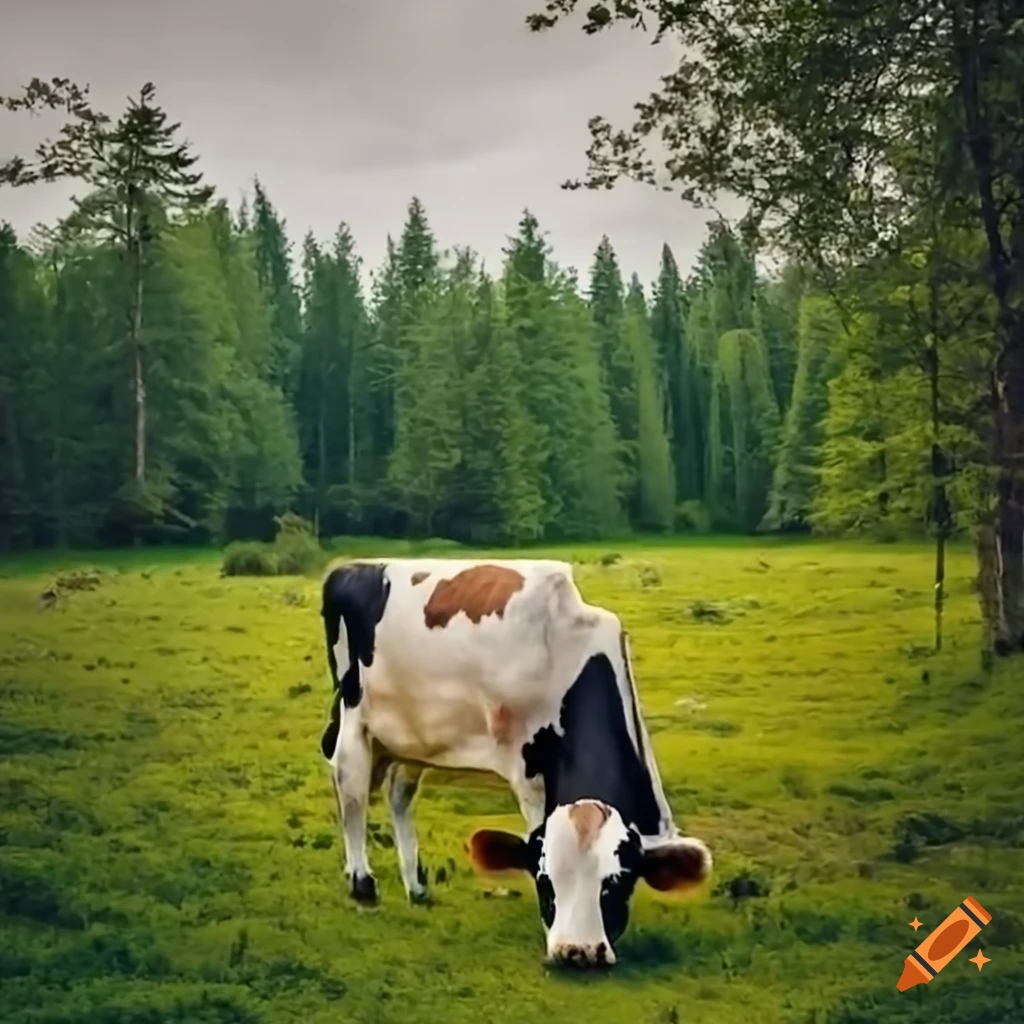 A couple of cows on a green pasture with a forest in the background on ...
