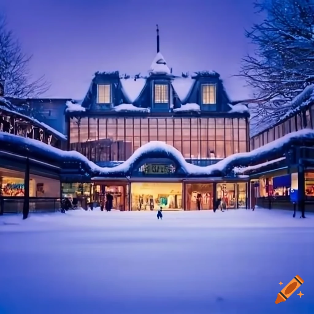 Front of american shopping mall department store covered in snow on Craiyon