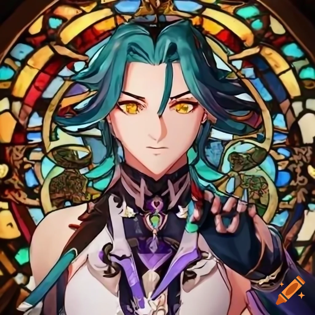 Xiao from genshin impact as a god depicted in stained glass on Craiyon